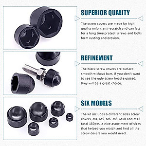 Glarks 160Pcs Black Bolt Covers Screw Caps Assortment Kit, M4 M5 M6 M8 M10 M12 Nylon Acorn Dome Protection Caps for Protecting Hexagon Shaped Screws Bolts (Black)