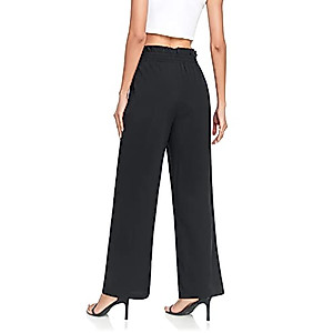 DIBOYU Women's Pants High Waist Palazzo Casual Wide Leg Pant Elastic Waist Pockets Pants with Belt XBK_XL Black