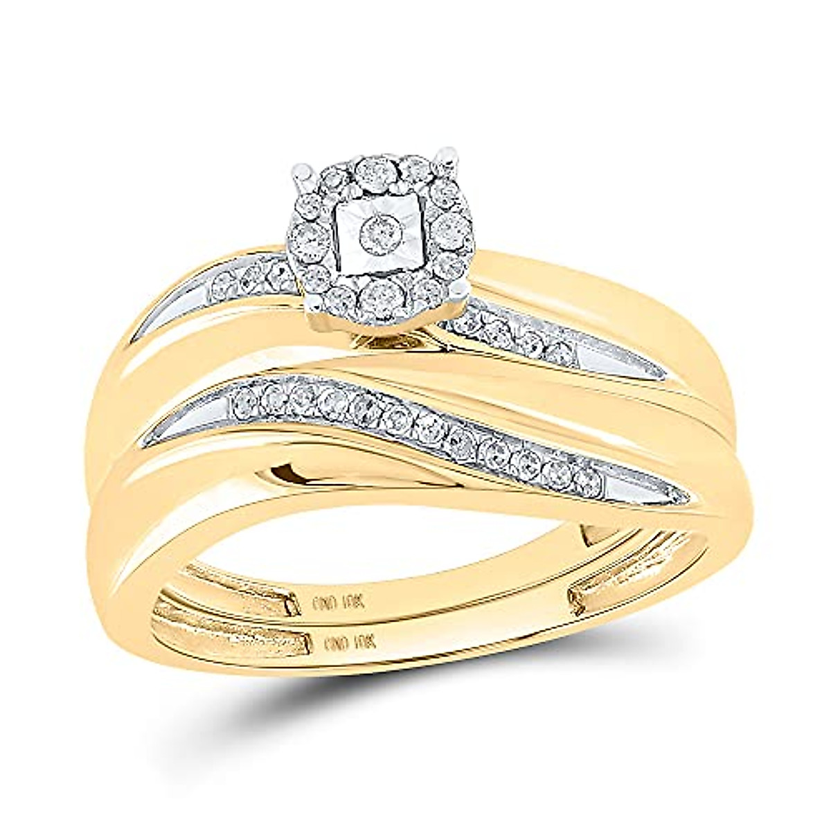 Sizes - L = 5.5, M = 11.5 - 10K Yellow Two Tone Gold Round Diamond Halo Circle Trio Three Ring Set - Matching His and Hers Engagement Ring & Wedding Bands - Prong Set Solitaire Center Setting Shape (1/5 cttw.) - Please use drop down menu to select your de