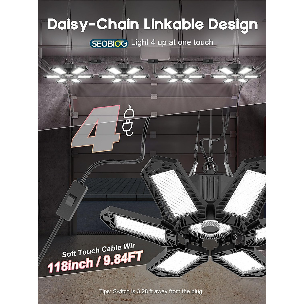 SEOBIOG 8 Pack Plug in Garage Light, Upgraded 200W 20000LM Linkable LED Shop Light, 6500K Ceiling Lights w/ 6 Deformable Panels for Garage, Warehouse, Barn, Basement (Built-in ON/Off Switch)