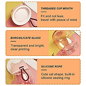 10 OZ Glass Water Bottle with Cat Ears Lid, Silicone Rope Cute Water Bottle, Leakproof Glass Drinking Bottle, Easy to Carry, Reusable (Pink)
