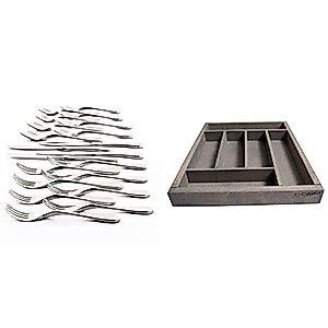 Knork Original Collection Cutlery Utensils 18/10 Stainless Steel Flatware Set, 20 Piece, Matte Silver & Storage Tray/Flatware Organizer, large, Weathered Gray