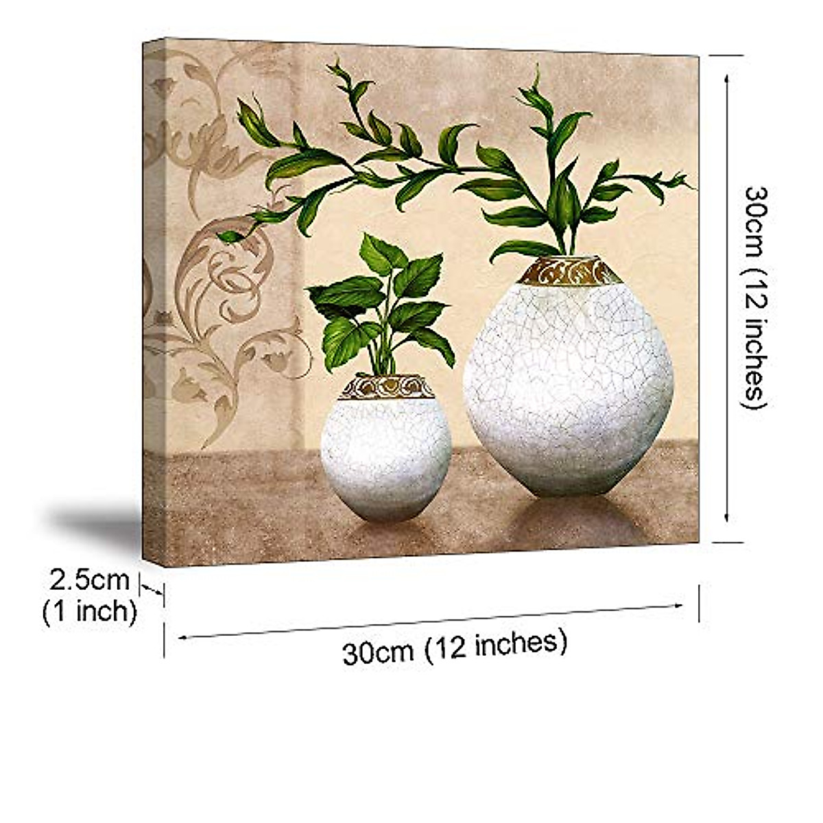 3 Piece Wall Art for Bathroom/Hallway, SZ HD Elegant Canvas Painting Prints of Green Spring Plants in Vases on Beige/Tan Picture (Waterproof Decor, 1" Thick, Bracket Mounted Ready to Hang)