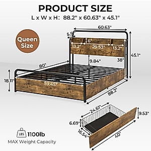 DICTAC Queen Bed Frame with Storage Headboard and Charging Station Metal Platform Bed Frame with Led Lights Queen Size Led Bed Frame with 4 Drawers,No Box Spring Needed, Noise-Free, Rustic Brown