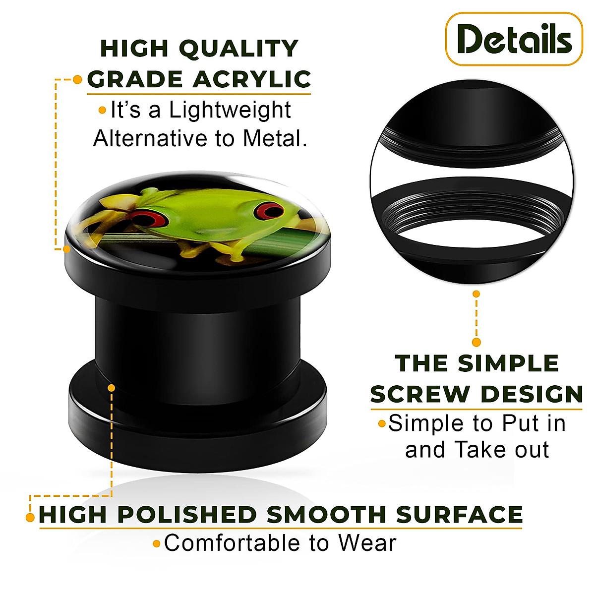 BIG GAUGES Pair of Black Acrylic 2gauges 6 mm Green Frog Screw-Fit Flesh Tunnel Piercing Jewelry Ear Earring Lobe Stretcher Plugs BG8704