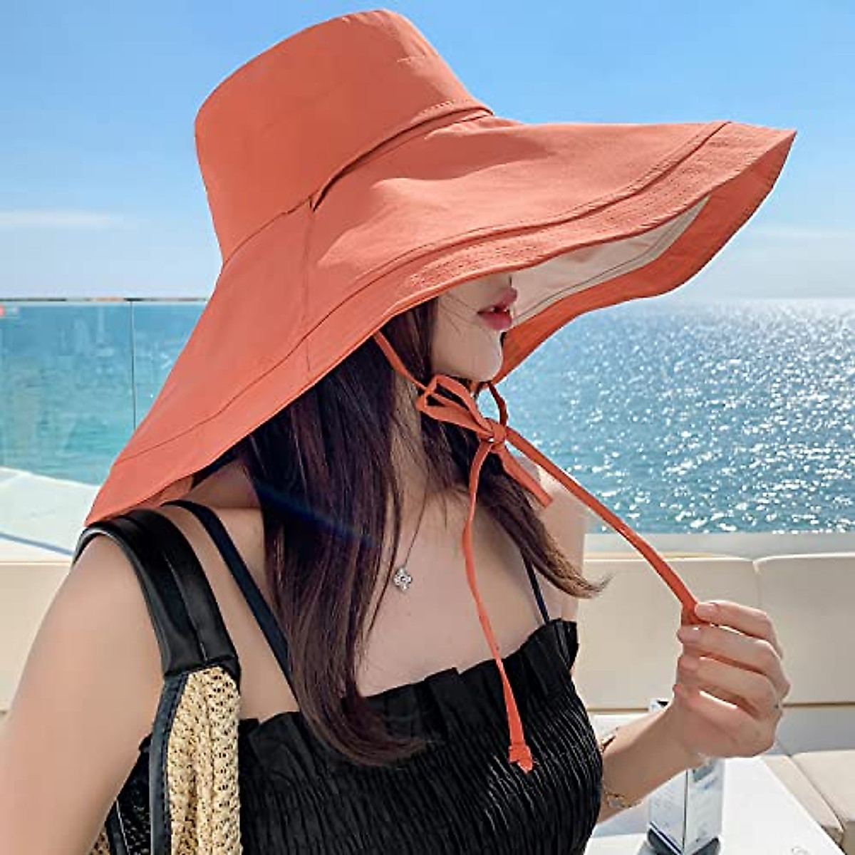 HUAMULAN 7" Wide Brim Women Summer Sun Hat Lady Floppy Beach Bucket Fishing Hats Reversible Foldable Travel UV Protection