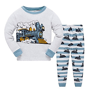 Little Boys Pajamas for Toddler Clothes Set Train Truck Sleepwear Long Sleeve 100% Cotton 2 Piece Kids Pjs Size 4t