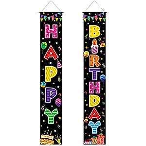 Allenjoy Happy Birthday Theme Porch Sign Door Banner for Children Bday Party Supplies Cake Cupcake Balloon Gift Box Decoration Flag Hanging Home Wall Decor Outdoor Indoor Polyester 11.8x70.9 Inch 2PCS