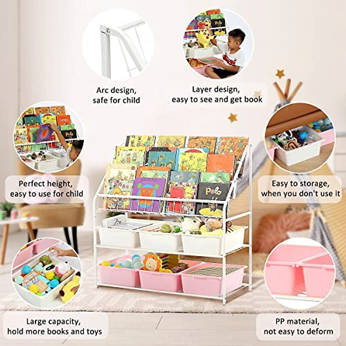 Large Kids Bookshelf With 6 Storage Box,5 Tier Metal Kids Bookcases Children's Toy Storage Rack, 6 Storage Drawer for Books Toys storage, Book Unit Storage Shelf for Playroom, Bedroom, Study Room.