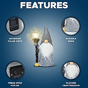 Garden Gnome Statue - Gnomes Decorations for Yard with Solar Lights, Resin Gnome Figurine Holding Magic Wand,Outdoor Lawn Decor Flocked for Patio, Balcony, Yard (Grey)
