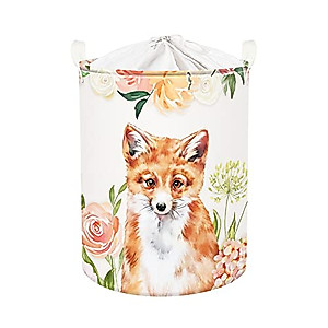 Clastyle 45L Fox Pink Flowers Laundry Basket with Handle Spring Garden Blossom Floral Laundry Hamper with Drawstring Cute Animal Round Toy Clothes Storage Basket for Bedroom, 14.2x17.7 in
