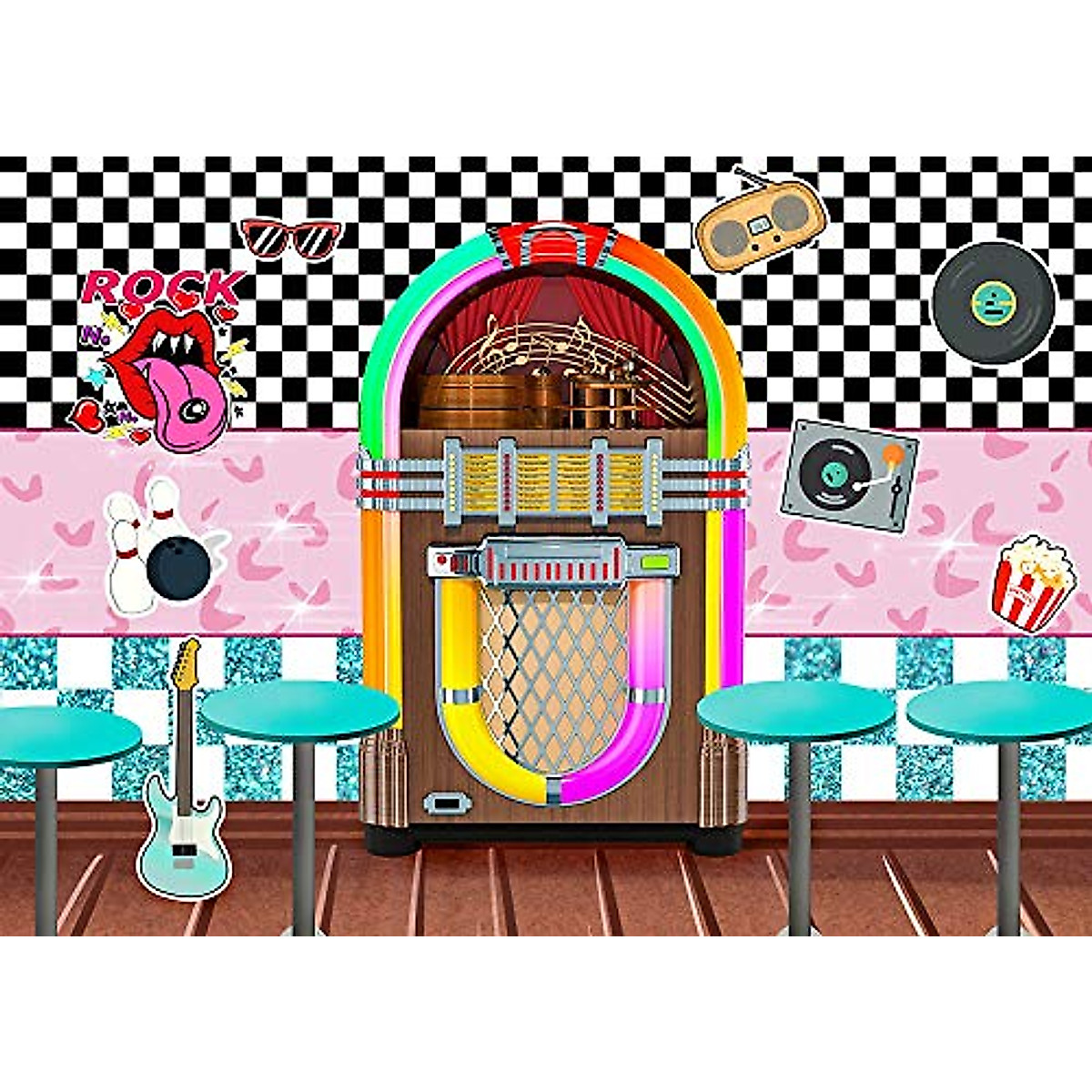 XLL Rock Roll Party Back to 50's Sock Hop Photography Background Back to 1950s Soda Shop Photo Backdrops 50s Retro Diner Time Rock Roll Classic Party Decoration Banner 7x5ft
