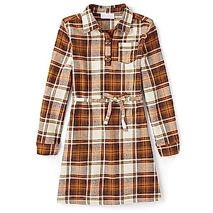 The Children's Place Girls' One Size Long Sleeve Plaid Fall Fashion Dress, Hay Stack, Medium