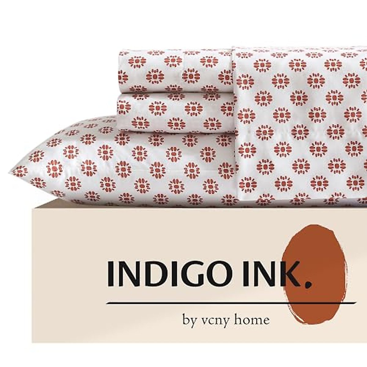 Indigo Ink - Full Size Sheet Set, 4-Piece Boho Medallion Patterned Bedding, Soft & Wrinkle Resistant (Panther Collection, Spice)