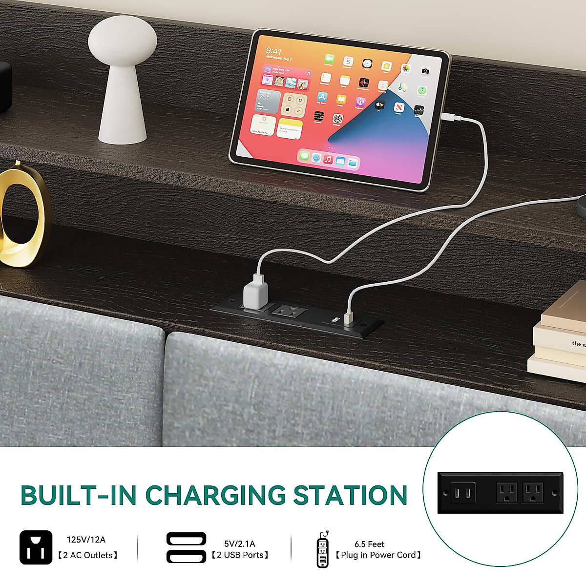 YITAHOME Queen Size Bed Frame, LED Bed Frame with Shelf Storage & Upholstered Headboard, Heavy Duty Metal Slats Platform Bed Frame with Charging Station, No Box Spring Needed, Gray