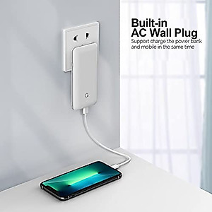 10000mAh Q Portable Charger, Ultra Slim USB C Power Bank, 4 Output Dual Input External Battery Pack with Built-in AC Wall Plug,Built in Micro and USB C Three Cables Compatible with All mobilephone