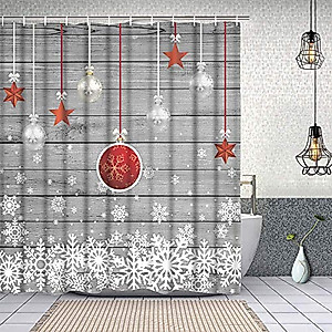 Ikfashoni 4 Pcs Christmas Shower Curtains Set with Non-Slip Rugs, Toilet Lid Cover and Bath Mat, Grey Vintage Wooden Shower Curtain with 12 Hooks, Xmas Snowflake Shower Curtain for Bathroom