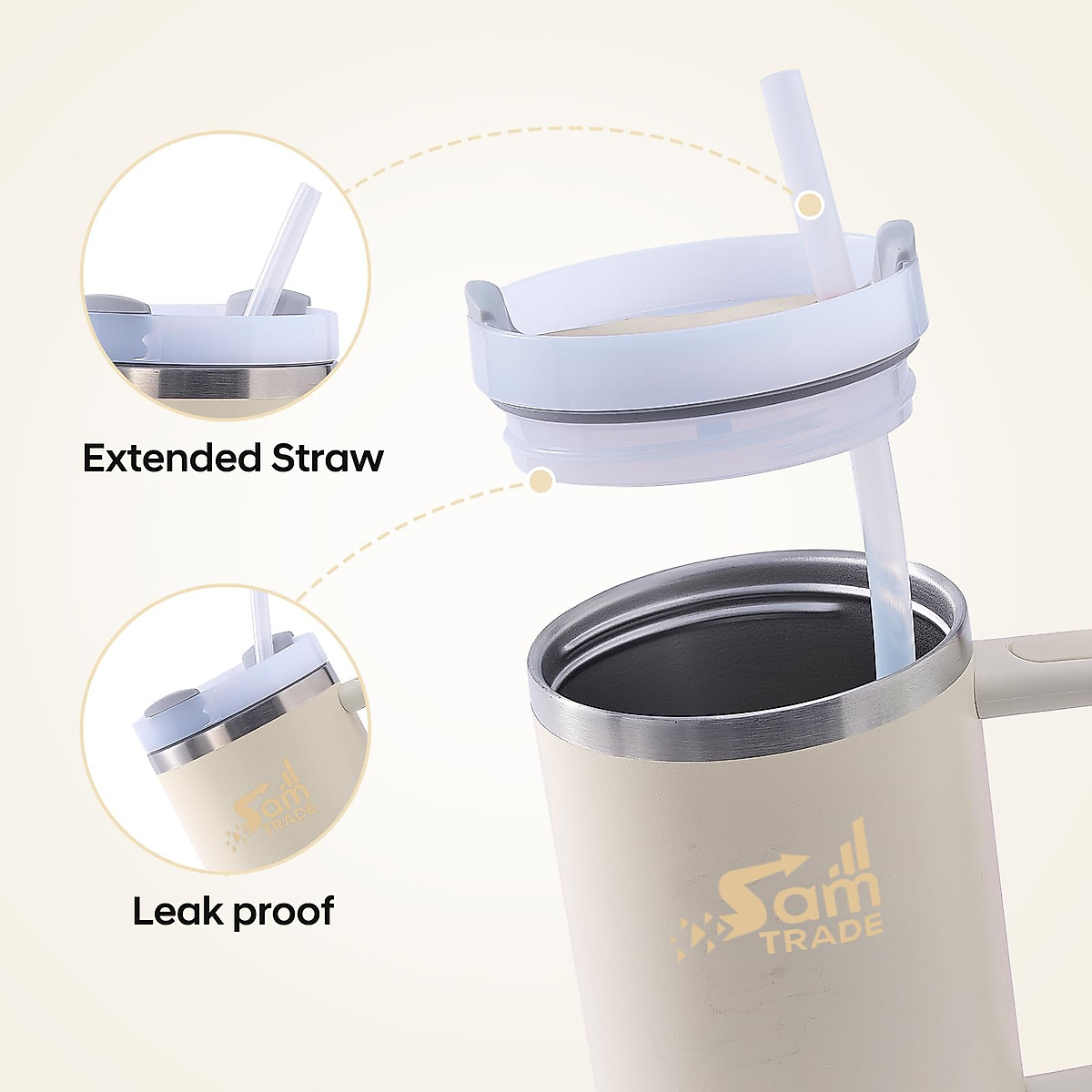 Samtrade Drinking Cup, Stainless Steel Insulated Tumbler with Handle (40oz) - 100% Leak-Proof Friendly Travel Mug, Light Yellow, YX-T40