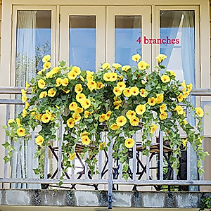 Calcifer 1 Branch(12 Stems/23 Flowers) Artificial Morning Glory Trumpet Flower Vine Plastic Flower Bouquet Hanging Wall Strings Flowers for Home Garden Wedding Party Decoration (Yellow)