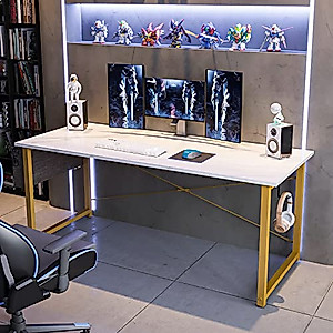 ODK 63 inch Super Large Computer Writing Desk Gaming Sturdy Home Office Desk, Work Desk with A Storage Bag and Headphone Hook, White Marble + Gold Leg