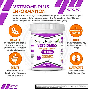 Vetbiome + High Potency Probiotics for Pets (40 Capsules) Made in U.S.A - NO Refrigeration Required !! (40 Caps (1 Pack))