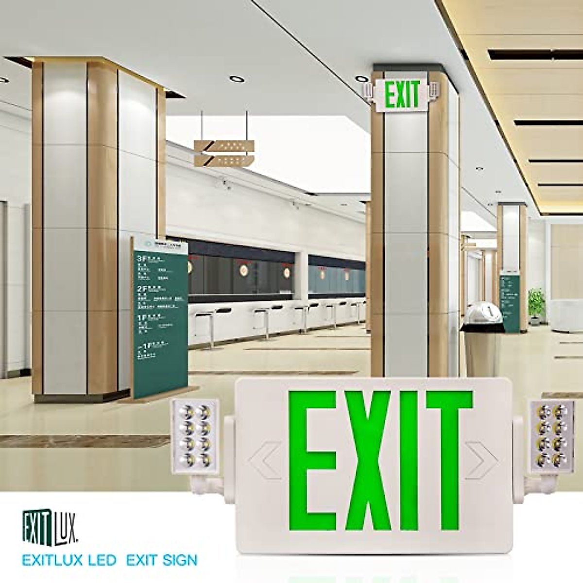 EXITLUX 2 PACK LED Green Emergency Exit Sign Lighting Combo with Battery Backup&Adjustable Two Head-US Standard UL Listed -Hardwired-Operated Powered Exit Sign for Room,Street,Window.Stairs.