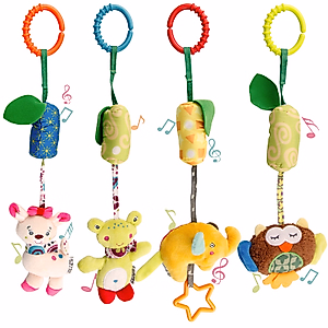 4 Packs Baby Stroller Toys Car Seat Hanging Bell for Boys Girls,Adorable Animal Infant Play Music Crib Toy Carseat Rattles Educational Toys,Kids Hand Bell Puppet with Cute Wind Chime and Squeak