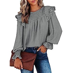Dokotoo Womens Ladies Ballon Long Sleeve Tops Fall 2023 Crewneck Smocked Cuffs Stylish Ruffle Solid Color Fashion Tops Casual Loose Office Work Shirts Blouses for Women Gray L