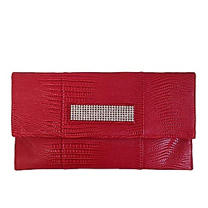 JNB Lizard Pattern With Crystal Envelope Clutch, Red