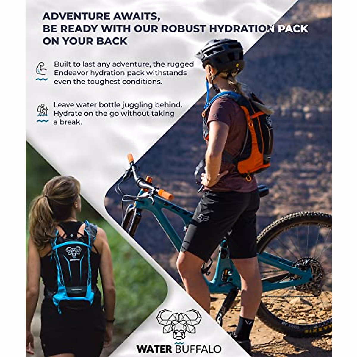Water Buffalo Hydration Backpack | Hydration Pack & 2 Liter BPA Free Bladder | Multiple Pockets for All Your Essentials