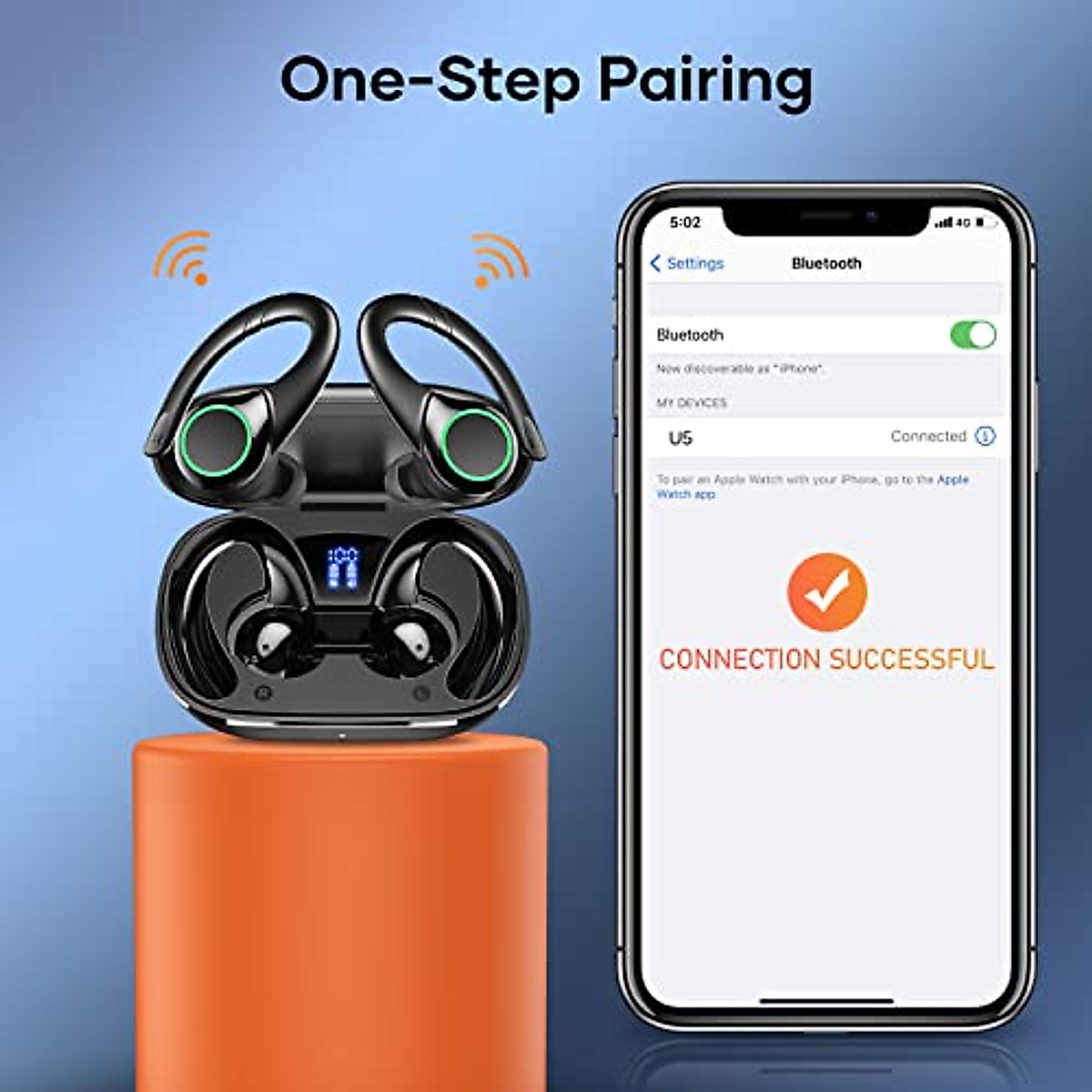 Osdfono Wireless Earbuds Bluetooth 5.2 Headphones, Wireless Earphones with Wireless Charging Case Over Ear Earhooks Waterproof Earphones Ear Buds Built in Mic for iPhone Android Sports Running Workout