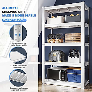 Raybee 72" Garage Shelving Heavy Duty Garage Storage Shelves Load 2000LBS, Adjustable 5-Tier Heavy Duty Shelving, Tall Garage Shelves ＆ All Metal Shelving Utility Shelf, 72" H x31.7 W x16.3 D, White