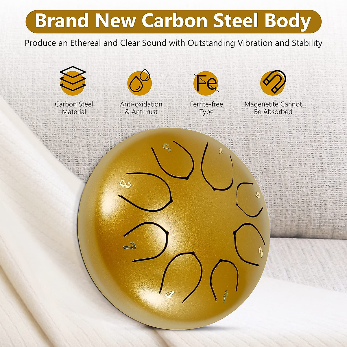 Steel Tongue Drum, DDSKY 6 Inch 8 Notes Lotus Type Handpan Drum Percussion Instrument Steel Drums Instruments with Bag Mallets Mallet Bracket for Mind Healing Yoga Meditatio (Golden)