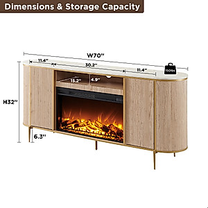 OKD Luxury 70" Fluted Fireplace TV Stand, Modern Chic Entertainment Center for TVs Up to 80 inches, TV Console with Faux Marble Top, Curved Profile Design, Media Console for Living Room, Natural Oak