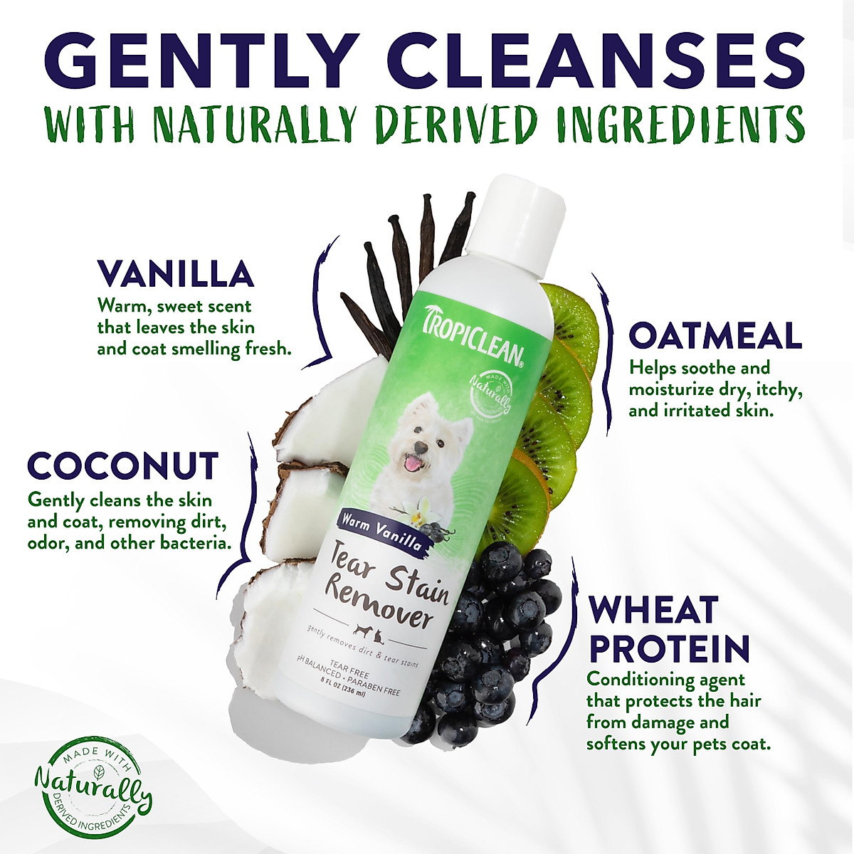 TropiClean Warm Vanilla Tear Stain Remover for Dogs | Tearless Blueberry Facial for Dogs | Ideal for White Dogs & All Other Coats | Cat Friendly | Made in the USA | 8 oz.