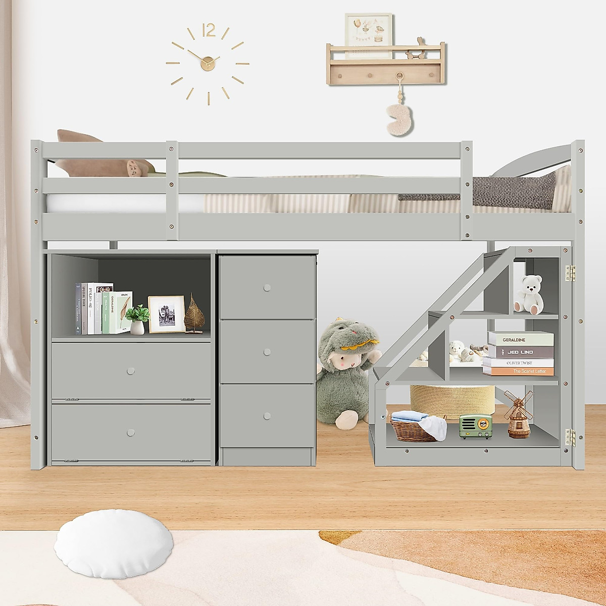 TURRIDU Low Loft Bed with Pullable Storage Staircase and 2 Cabinet, Wooden Stairway Loft Bed with Drawers and Shelves, Twin Size Bed Frame for Girls, Boys, Teens, No Box Spring Needed