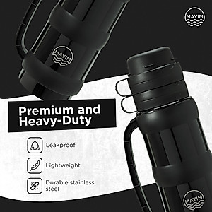 Mayim King Stainless-Steel Vacuum-Insulated Thermos Beverage Bottle with 2 Cups, 34 Ounces, Black, H14039WB