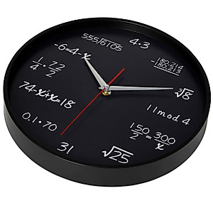 Bernhard Products Math Wall Clock Black 12 Inch Silent Non-Ticking Unique Gift for Teacher/Student/Engineer Graduate Quartz Round Battery Operated, Home Office School Classroom, Mathematical Equations