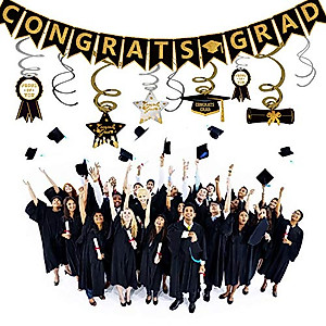 Graduation Hanging Swirl Banner Decorations, Black Gold Silver Star Banner Garland party Supplies for Class of 2023