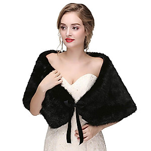 Haloty Women Bride Wedding Faux Fur Shawl 1920s Fur Stole Bridal Fur Shawls and Wraps Wedding Faux Fur Stole Fur Capelet Fur Cape Fur Shrug for Women and Girls(Black)