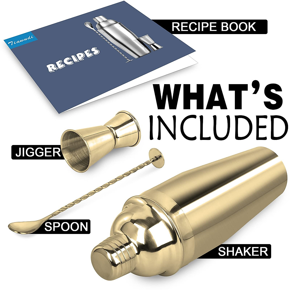 Large 24oz Cocktail Shaker Set, Stainless Steel 18/8 Martini Mixer Shaker with Built-in Strainer, Measuring Jigger & Mixing Spoon, Martini Shaker Set, Perfect for Bartender and Home Use, Gold