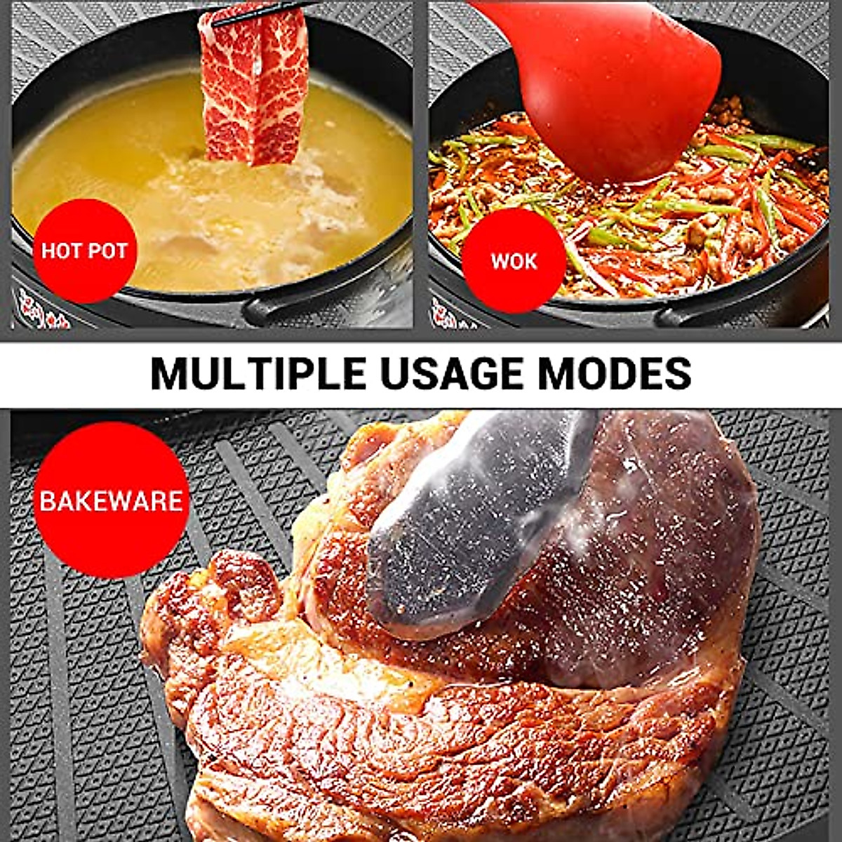 Electric Smokeless Grill and Hot Pot 2 in 1, Multifunctional Round Pot, Hot Pot Plate, Korean Barbecue Electric Smokeless, Non Sticky Pot Black 110v.