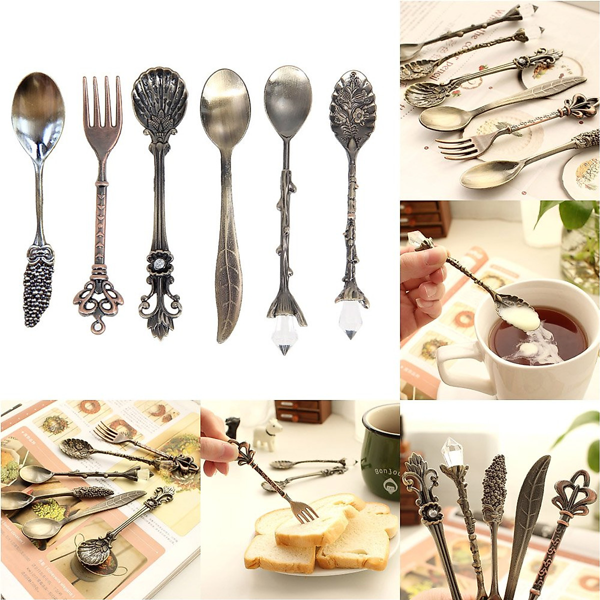 Dessert Spoons,Coffee SpoonTeaspoon,Awakingdemi Vintage Style Metal Carved Fruit Dessert Spoons for Kitchen Dining Bar,6pccs/set