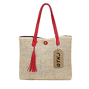QTKJ Women Straw Summer Beach Bag Handwoven Big Tote Leather Shoulder Handbag with Tassel Decorate (Red)
