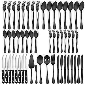 LIANYU 77-Piece Matte Black Silverware Set with Steak Knives and Serving Utensils, Modern Stainless Steel Flatware Cutlery Set for 12, Fancy Eating Utensils Tableware, Dishwasher Safe