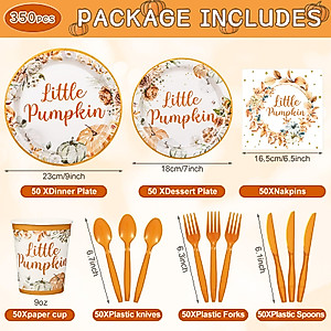 Dandat 350 Pcs Baby Shower Plates Set Baby Shower Party Supplies Serves 50 Tableware Sets Include Plates Napkin Cup Forks Knives Spoons Disposable Dinnerware for Boy Girl(little pumpkin)