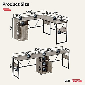 Bestier L Shaped Desk with File Cabinet Reversible Computer Desk 60'' Corner Desks Modern Long Desk 2 People Home Office Desk Study Workstation Table(Wash Grey)