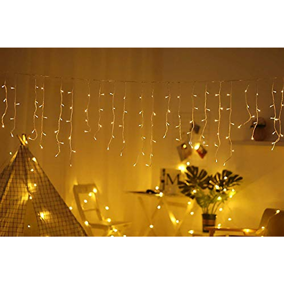 LED Solar Icicle String Lights,36Ft/11M 264 LEDs Waterproof Extendable Curtain Icicle Lights Plug in Fairy String Lights Christmas Lights for Bedroom Patio Yard Garden Wedding Party(Warm White)