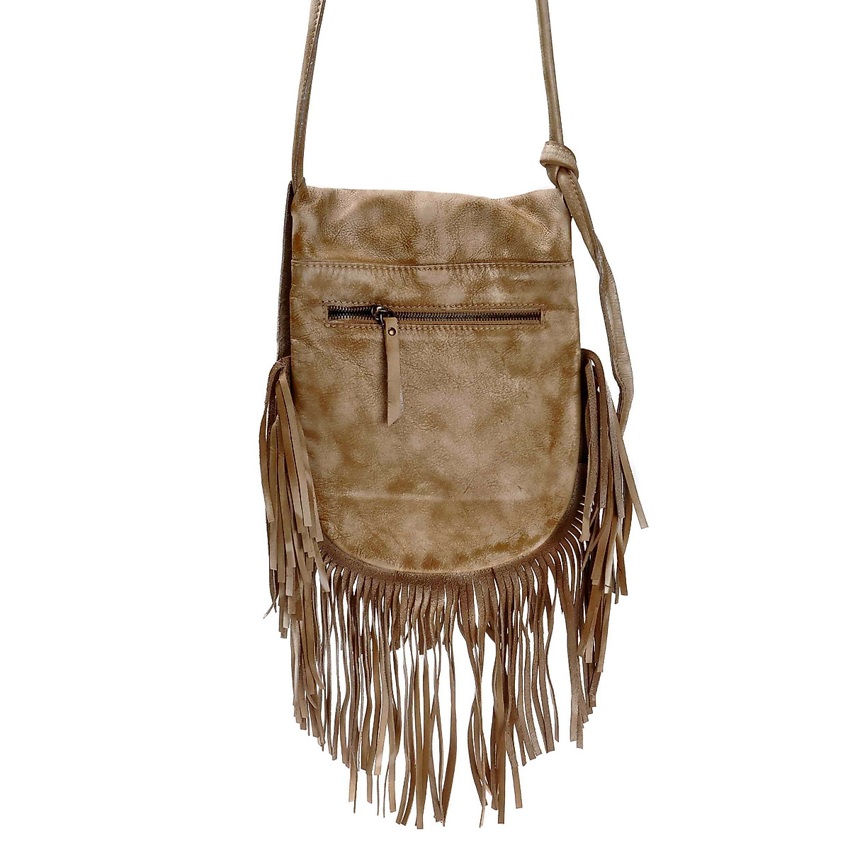 ZLYC Women Bohemian Dip Dye Leather Fringe Bag Pouch Tribal Tassel Cross Body Bag Purse, Khaki