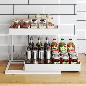 MILILOVE Under Sink Storage Organizers, Bathroom Countertop Organizer, 2-Tier Sliding Kitchen Cabinet Organization, with Hooks, Multi-purpose Shelf Organizer, For Kitchen Bathroom Bedroom Office